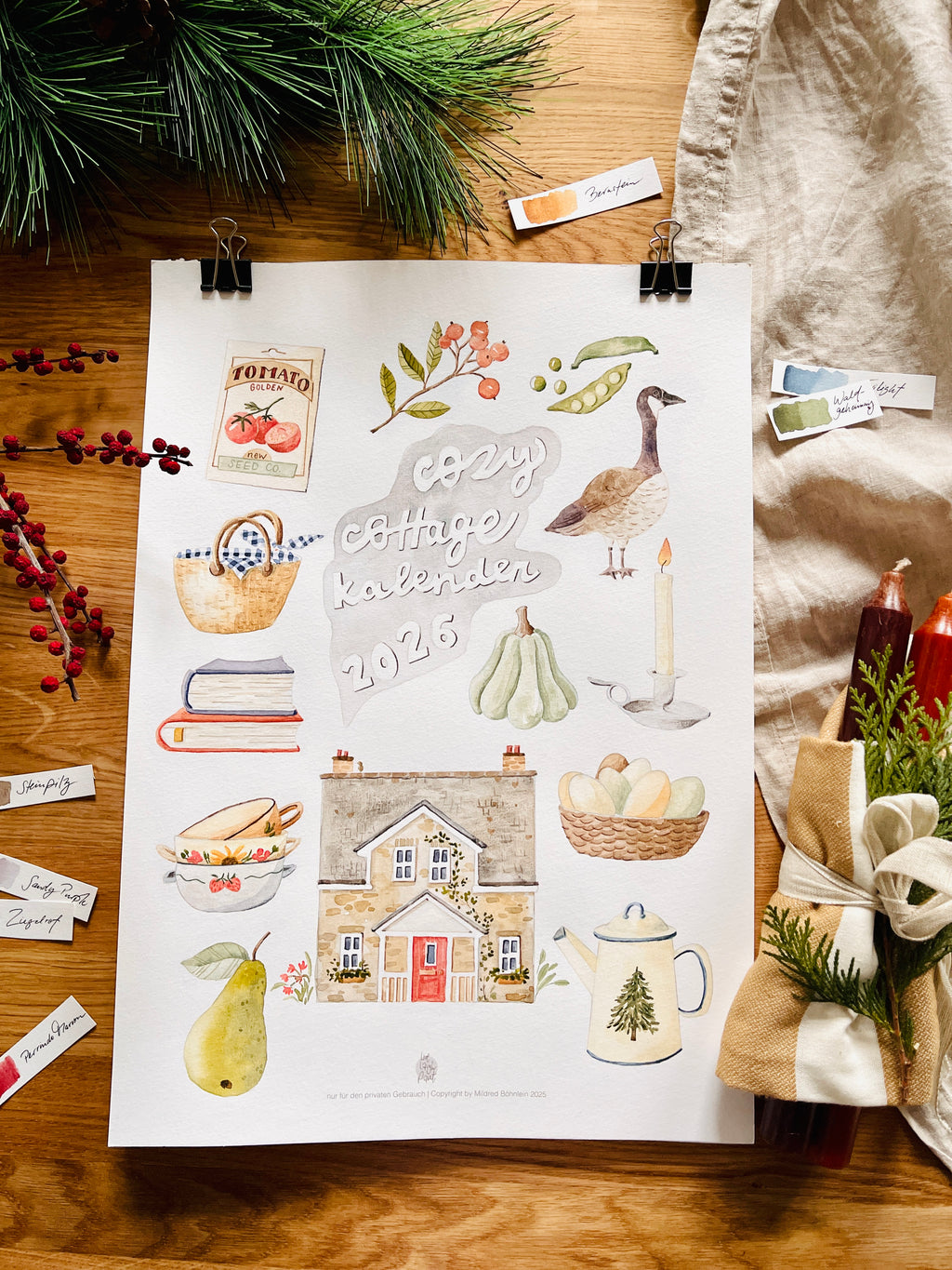 Malvorlage Kalender Deckblatt 2026 Cozy Cottage – Live Laugh Paint